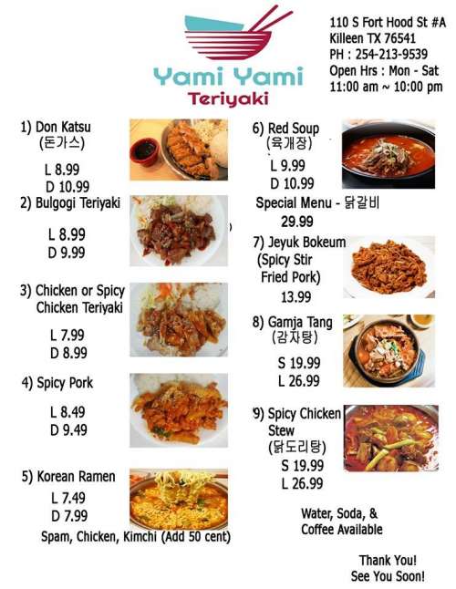 Yami Yami menu in Killeen, Texas, USA