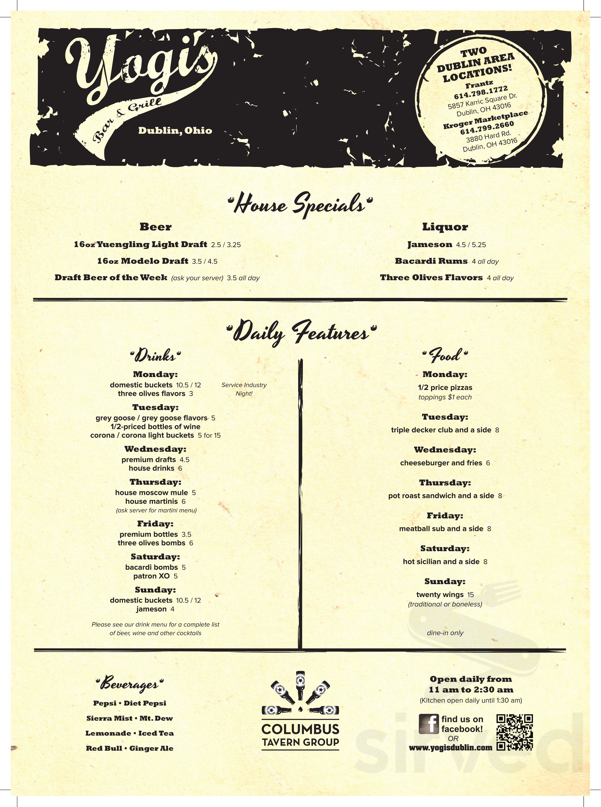 Yogi's Bar & Grill menu in Dublin, Ohio, USA