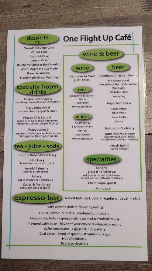 One Flight Up menu in Mt Dora, Florida, USA