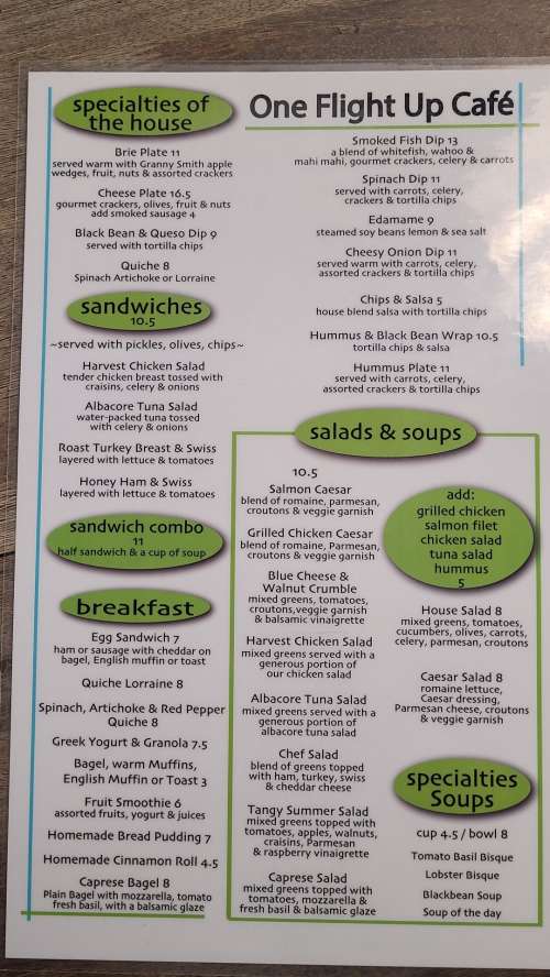 One Flight Up menu in Mt Dora, Florida, USA