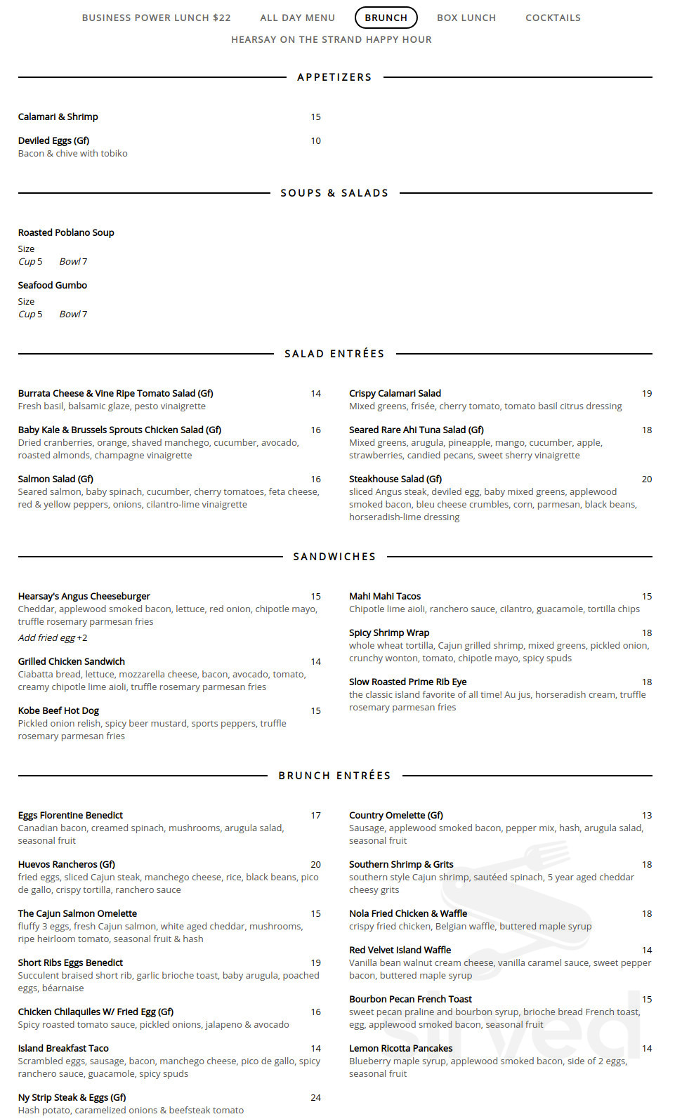 Menu for Hearsay On The Strand in Galveston, TX | Sirved