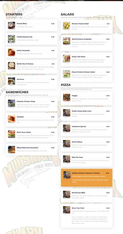 Mudshark Brewery and Public House menu in Lake Havasu City, Arizona, USA