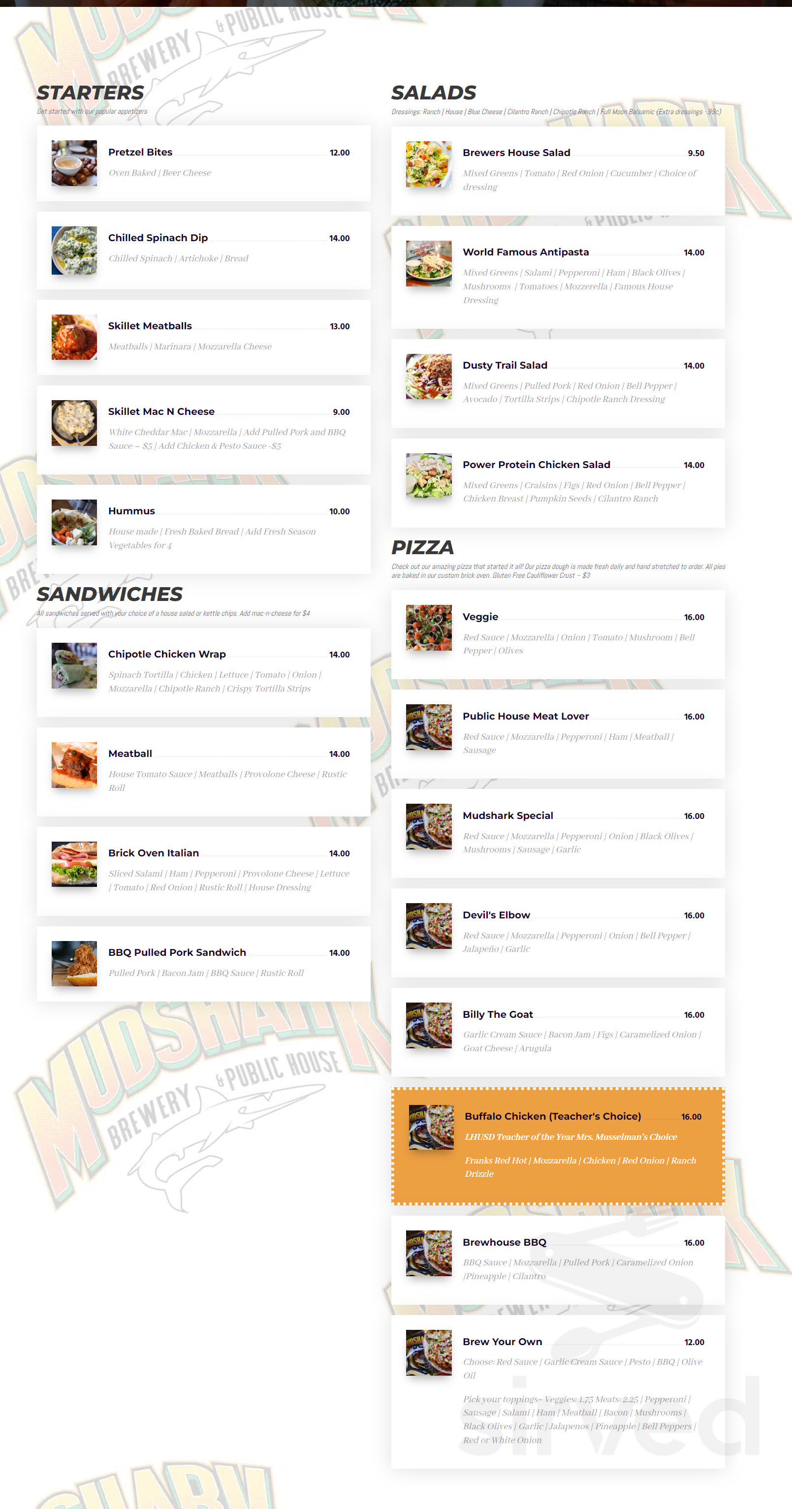 Mudshark Brewery and Public House menu in Lake Havasu City, Arizona, USA
