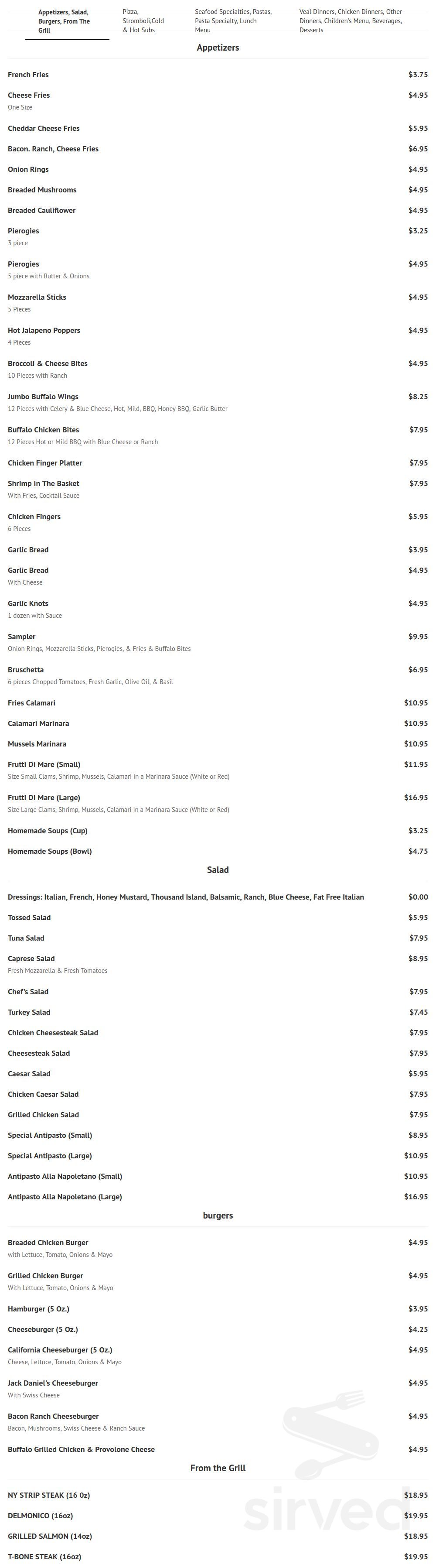Menu for Two King's Pizzeria in Tamaqua, PA | Sirved