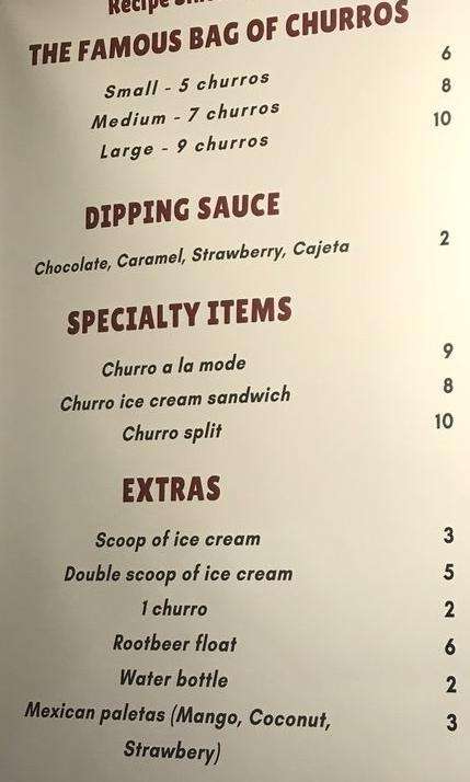 Just Churros menu in Tucson, Arizona, USA