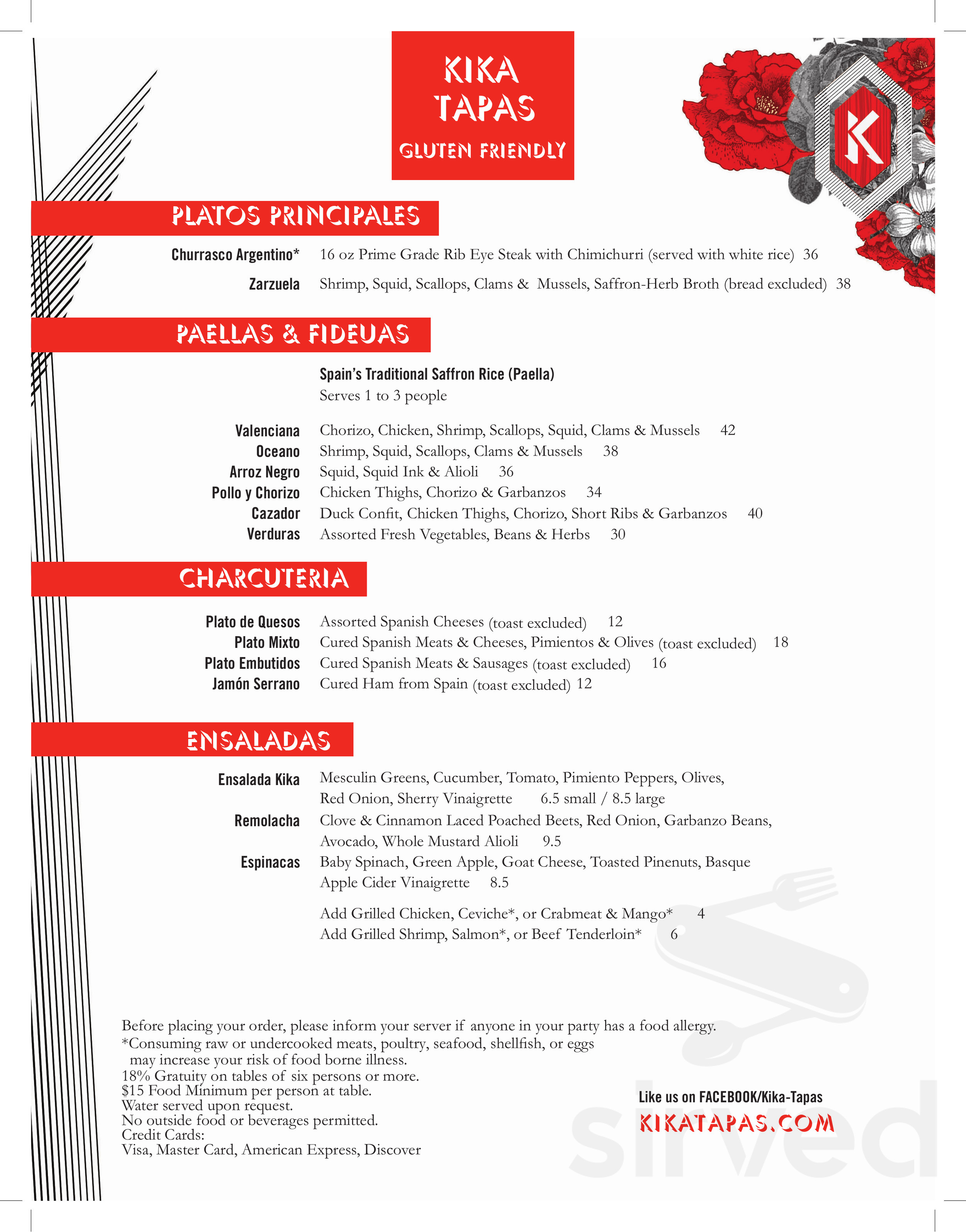 Kika Tapas menu in Cambridge, Massachusetts, USA