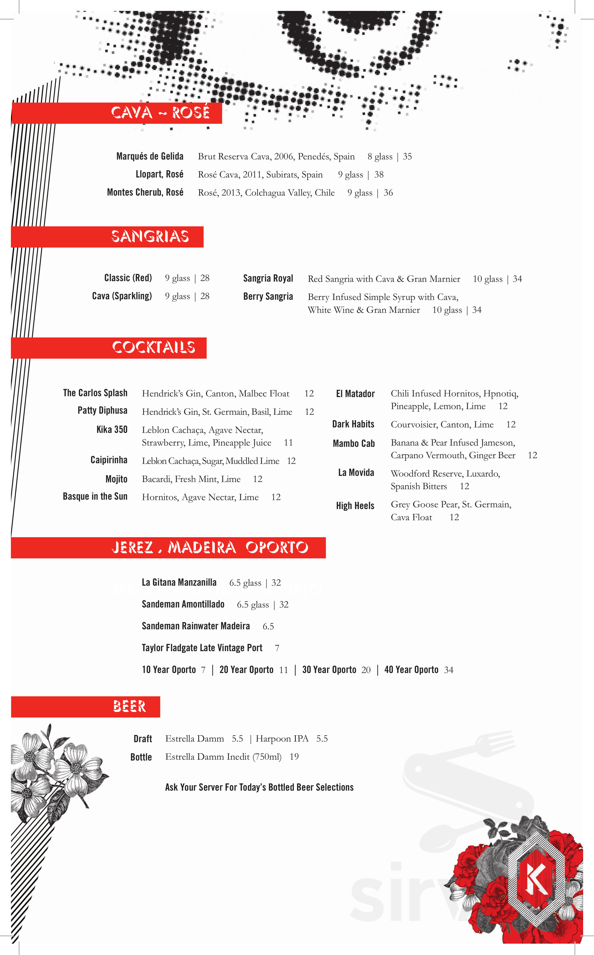 Kika Tapas menu in Cambridge, Massachusetts, USA