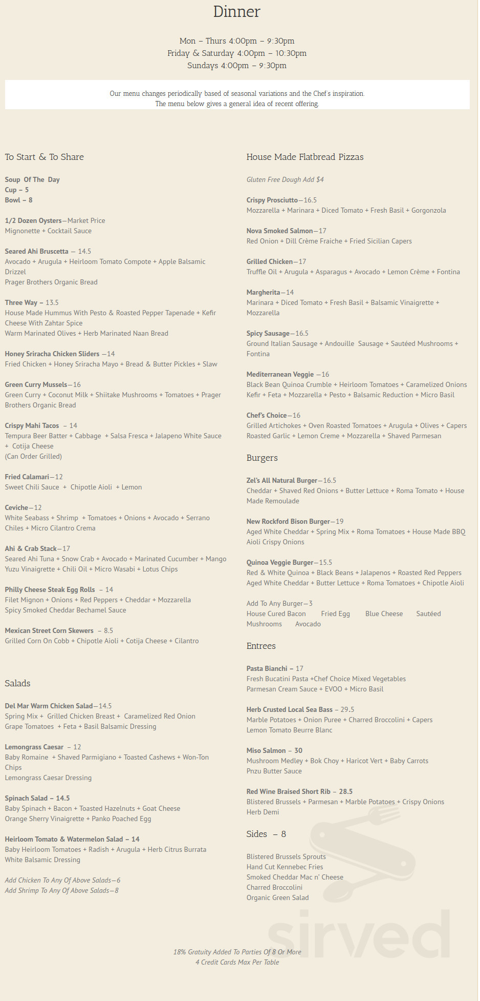 Menu - Del Mar CA's Zel's Del Mar | Sirved