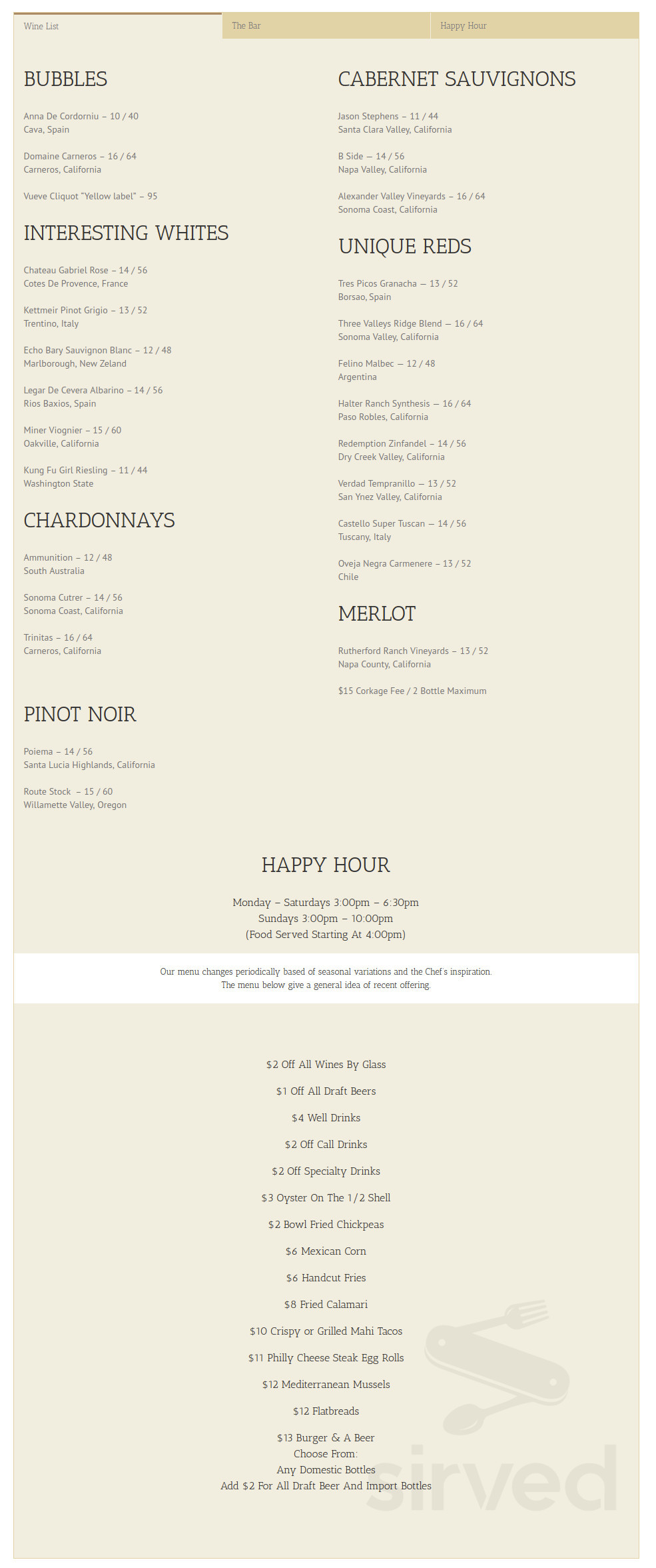 Zel's Del Mar menu in Del Mar, California, USA