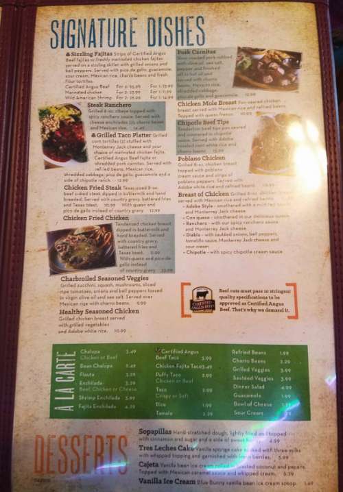 Adobe Cafe menu in New Braunfels, Texas, USA