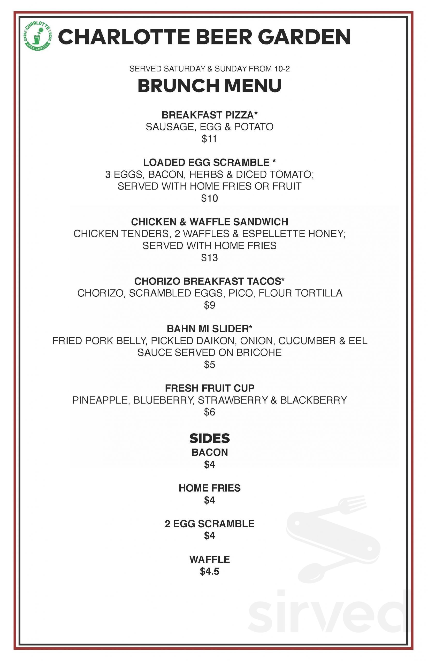 Menu for Charlotte Beer Garden in Charlotte, NC | Sirved