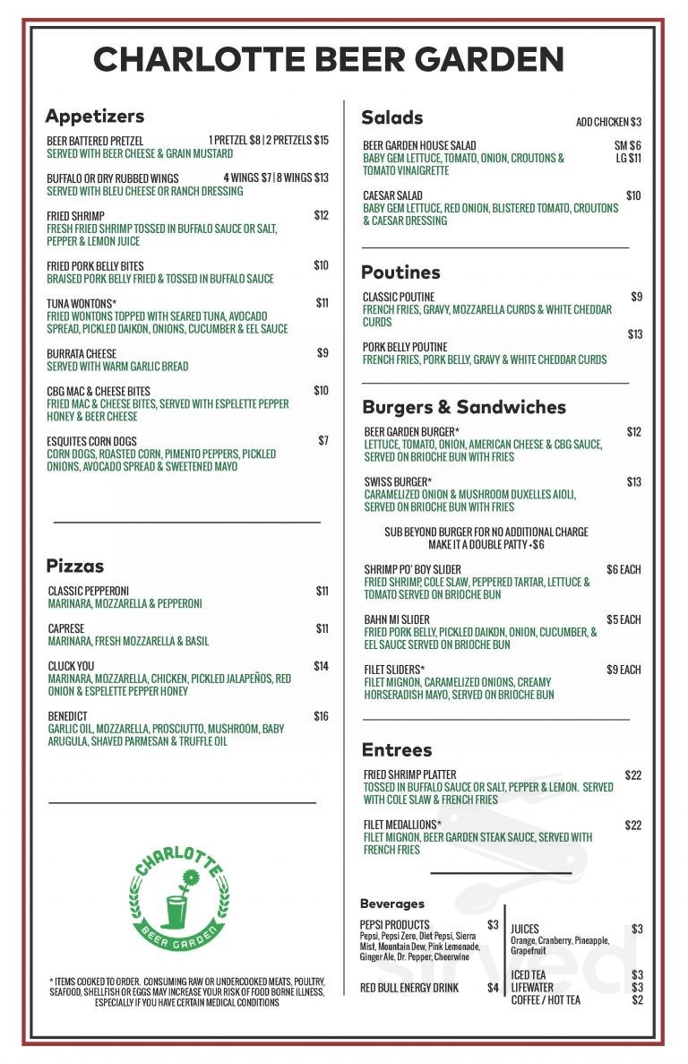 Menu for Charlotte Beer Garden in Charlotte, NC | Sirved
