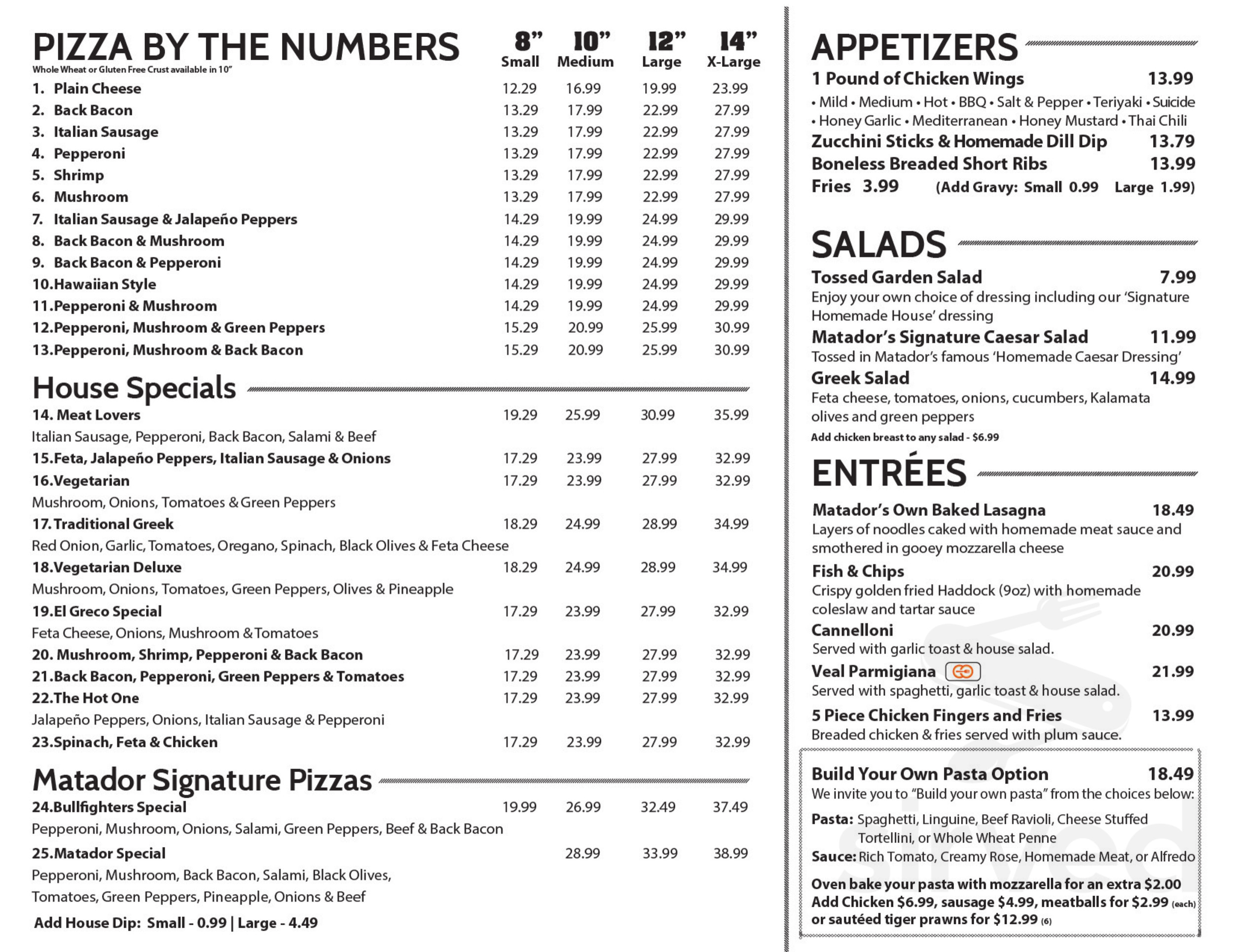 Matador Pizza menu in Calgary, Alberta, Canada