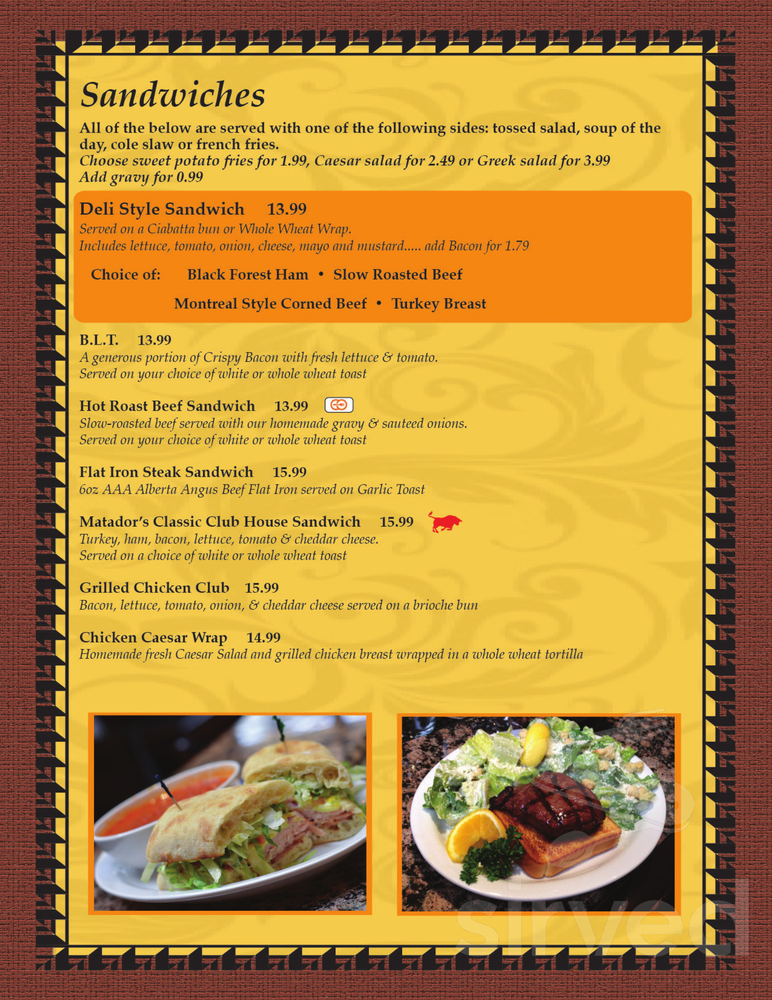 Matador Pizza menu in Calgary, Alberta, Canada