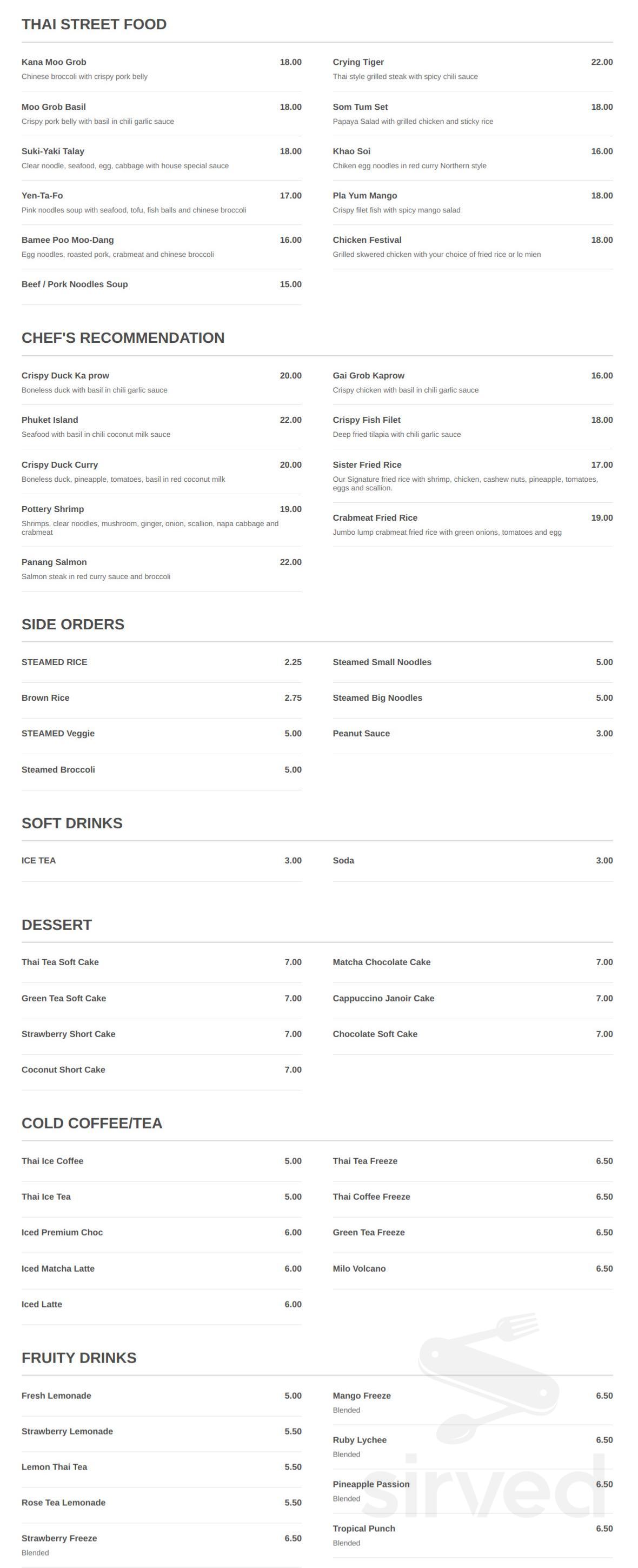 Sisters Thai menu in Fairfax, Virginia, USA