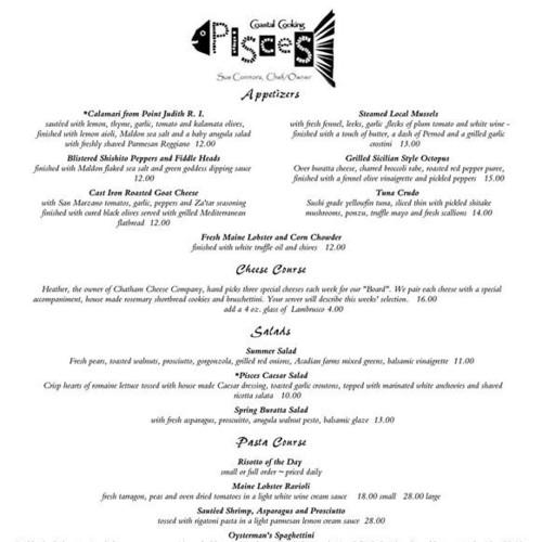 Pisces Restaurant and Bar menu in South Chatham, Massachusetts, USA