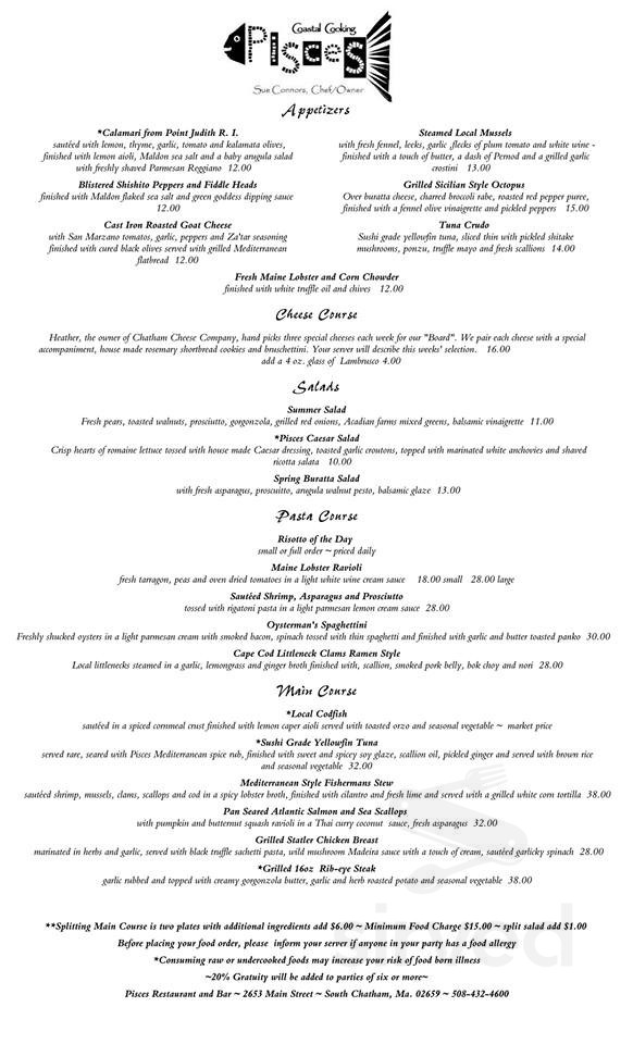 Pisces Restaurant and Bar menu in South Chatham, Massachusetts, USA