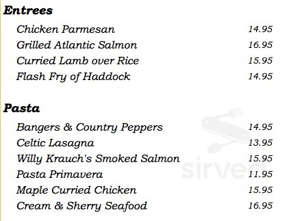 Celtic Corner Public House menu in Dartmouth, Nova Scotia, Canada