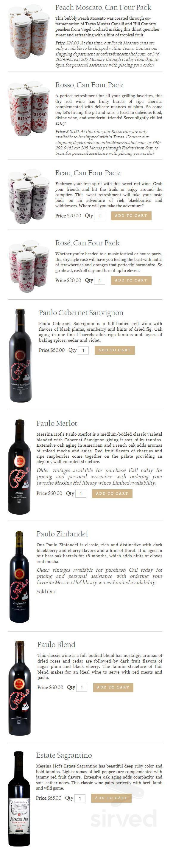 Messina Hof Grapevine Winery menu in Grapevine, Texas, USA