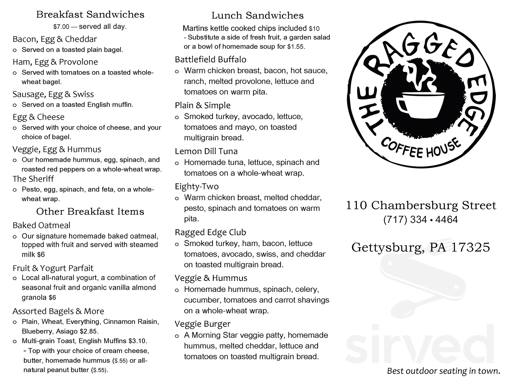 Ragged Edge Coffee House menu in Gettysburg, Pennsylvania, USA