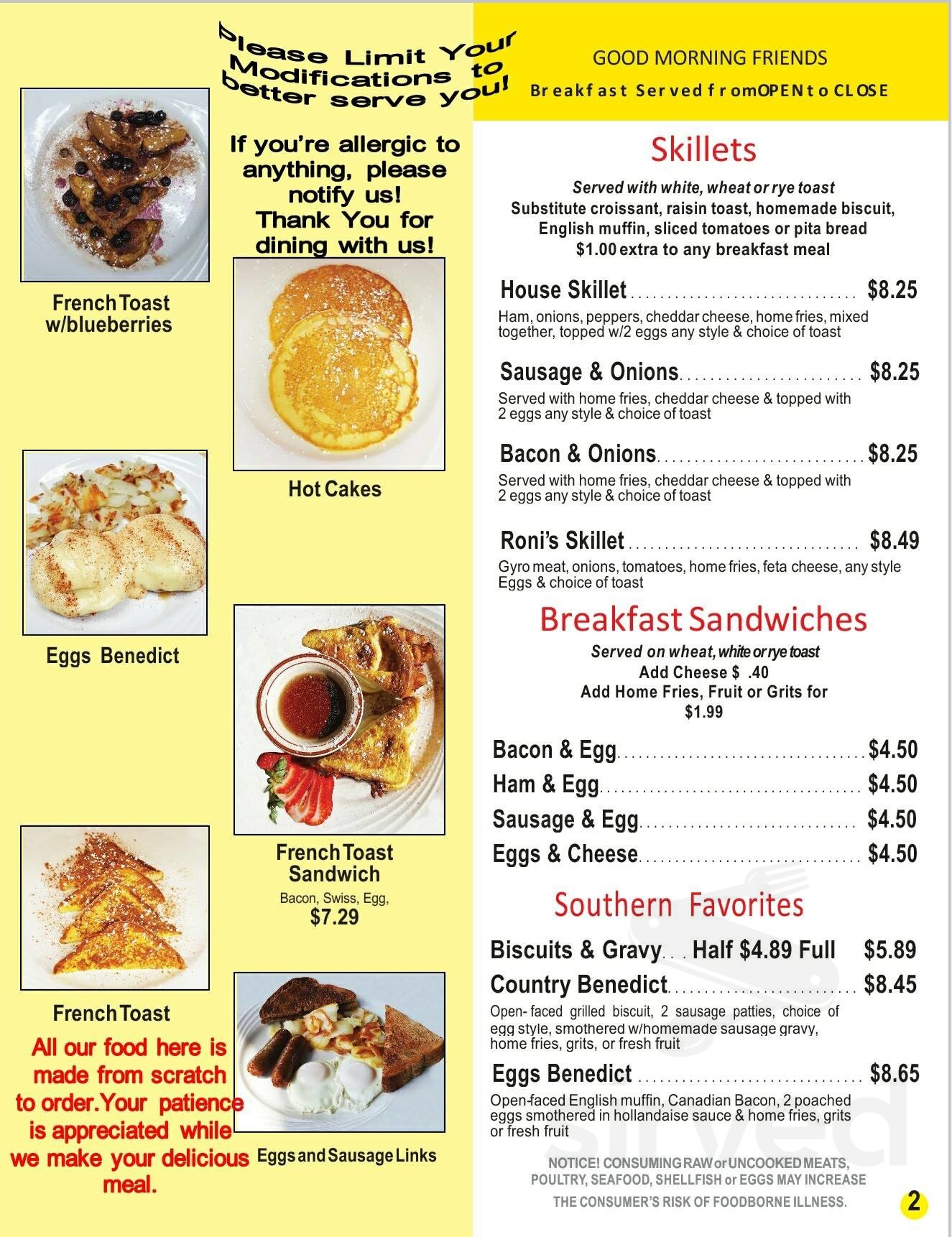 Roni's Café menu in Sarasota, Florida, USA
