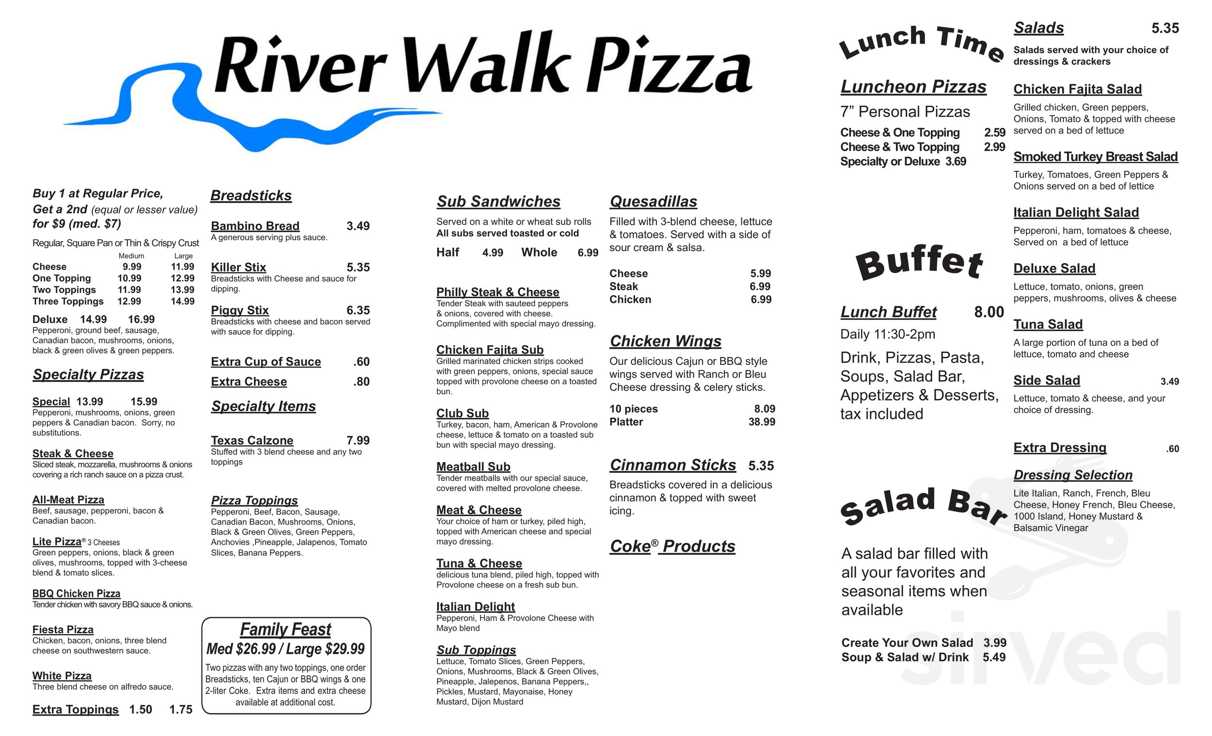 Menu for River Walk Pizza in Newland, NC | Sirved