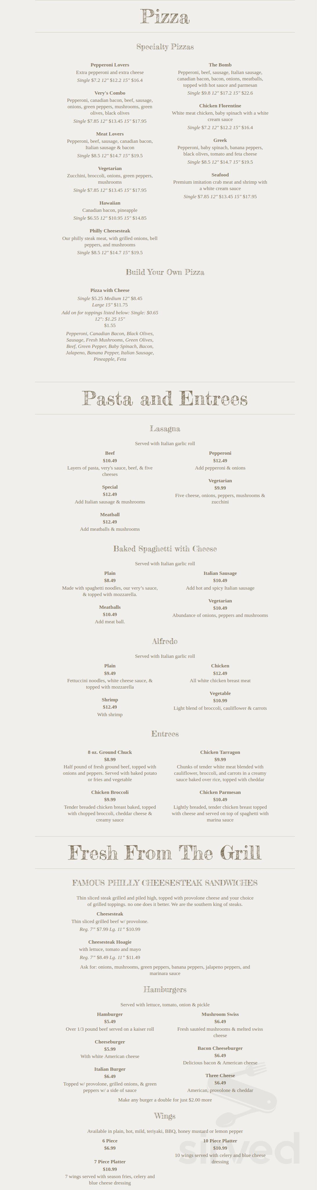 Menu for Very's Great Philly Food in Columbia, SC | Sirved