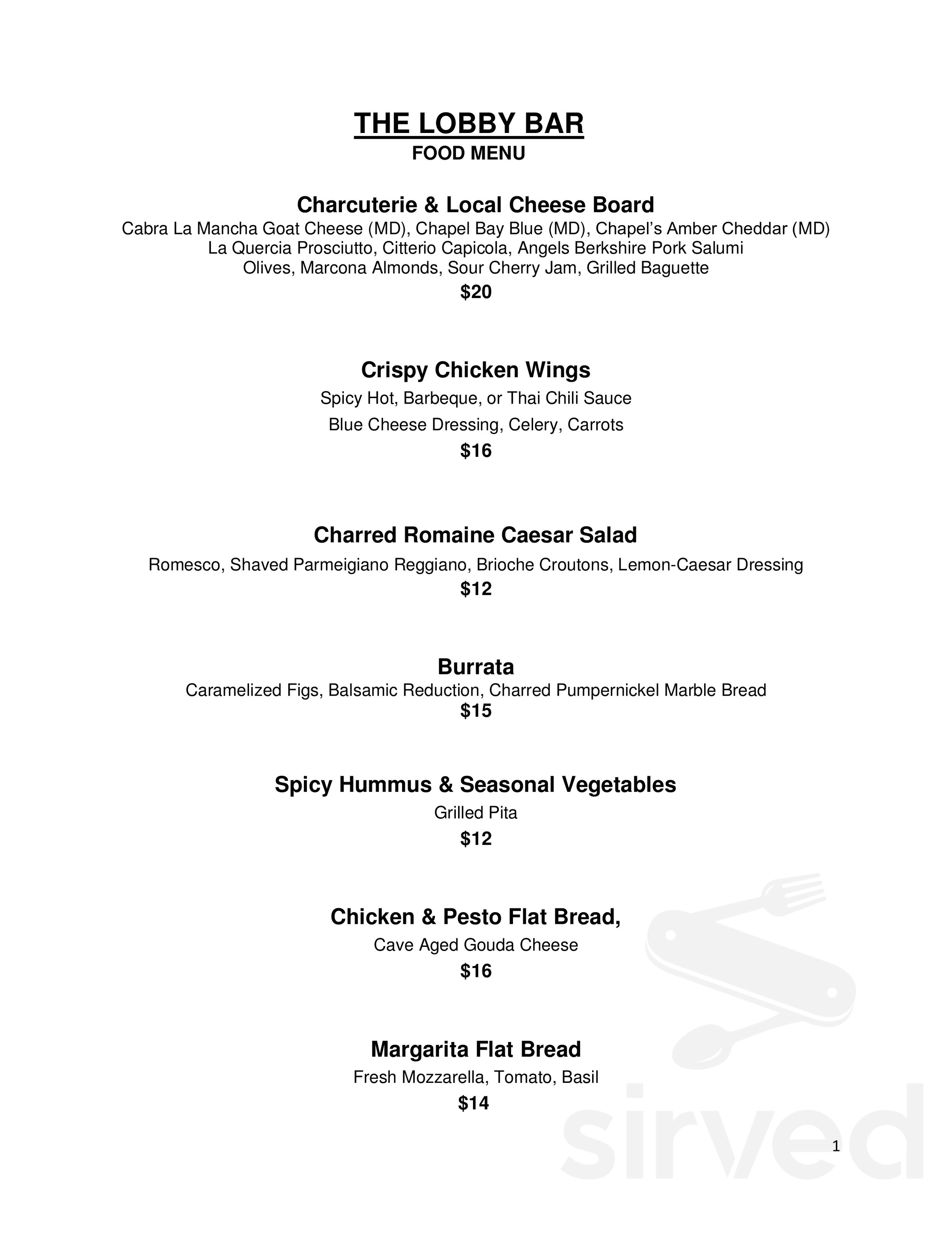 Menu for The Lobby Bar in College Park, MD | Sirved