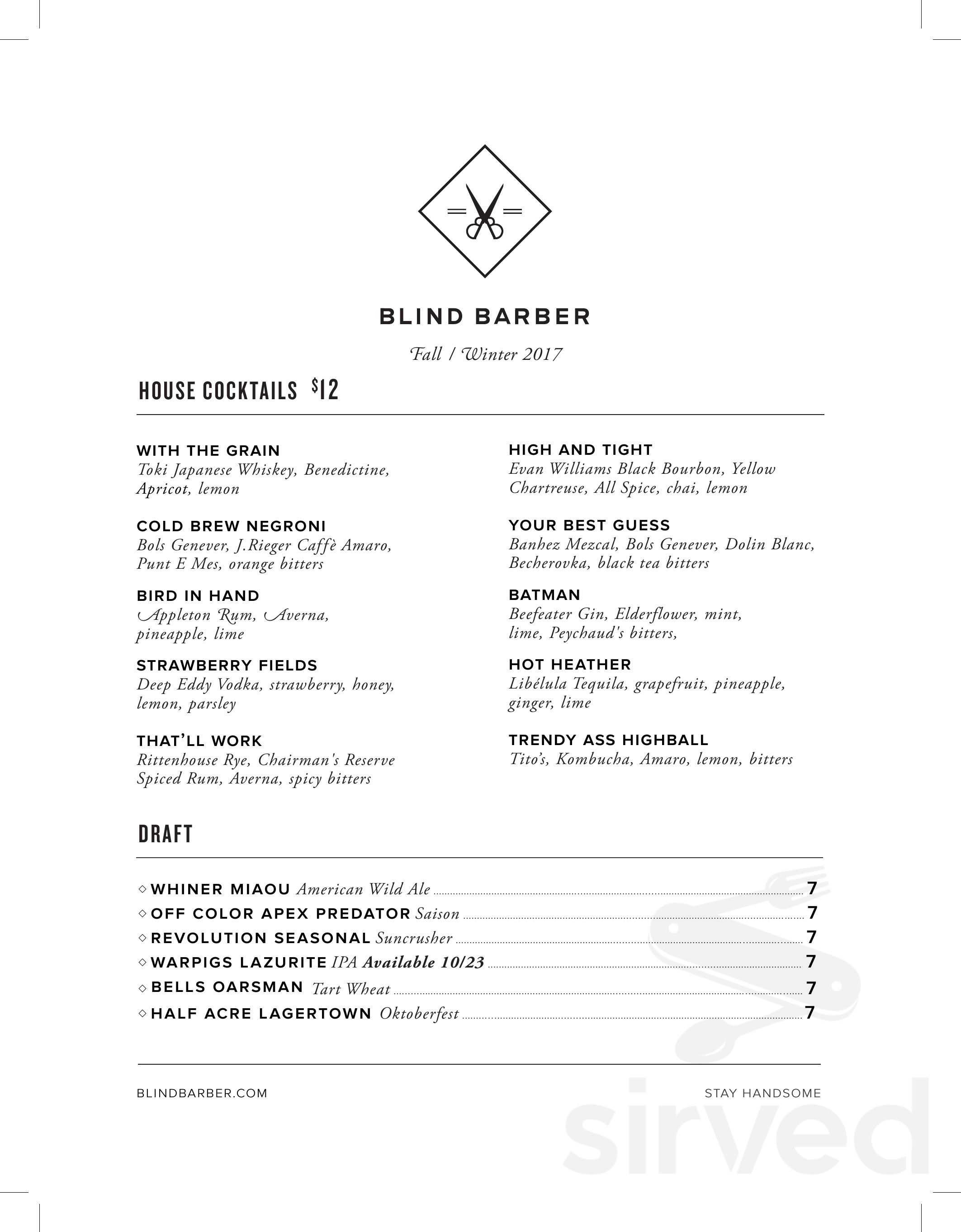 Blind Barber Menu - Chicago, Illinois | Sirved
