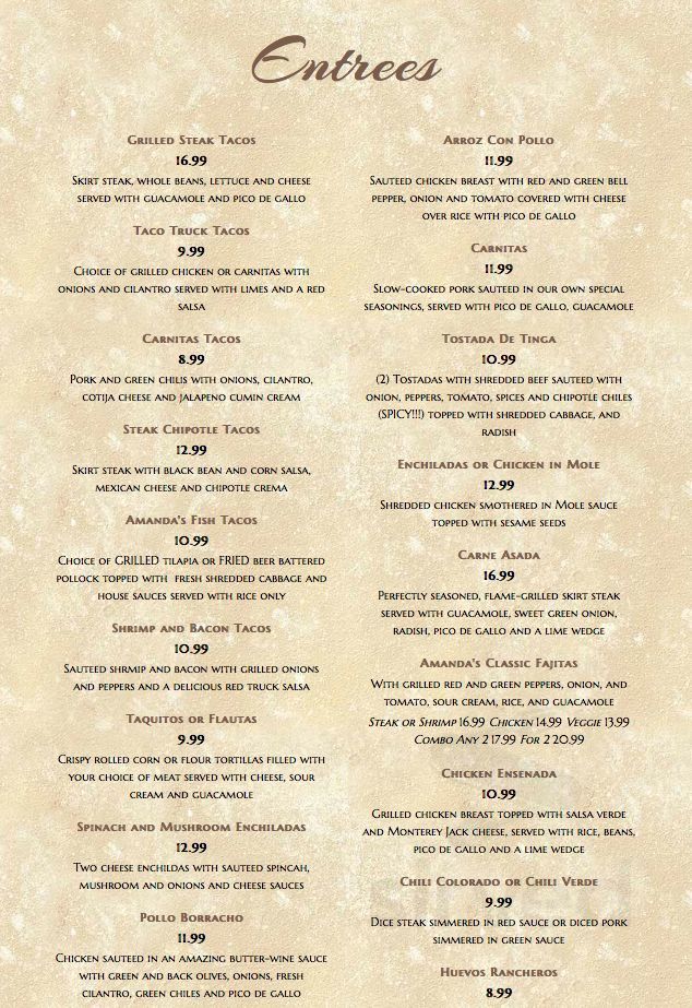 Amanda's Cantina and Fonda menus in Colorado Springs, Colorado, United ...