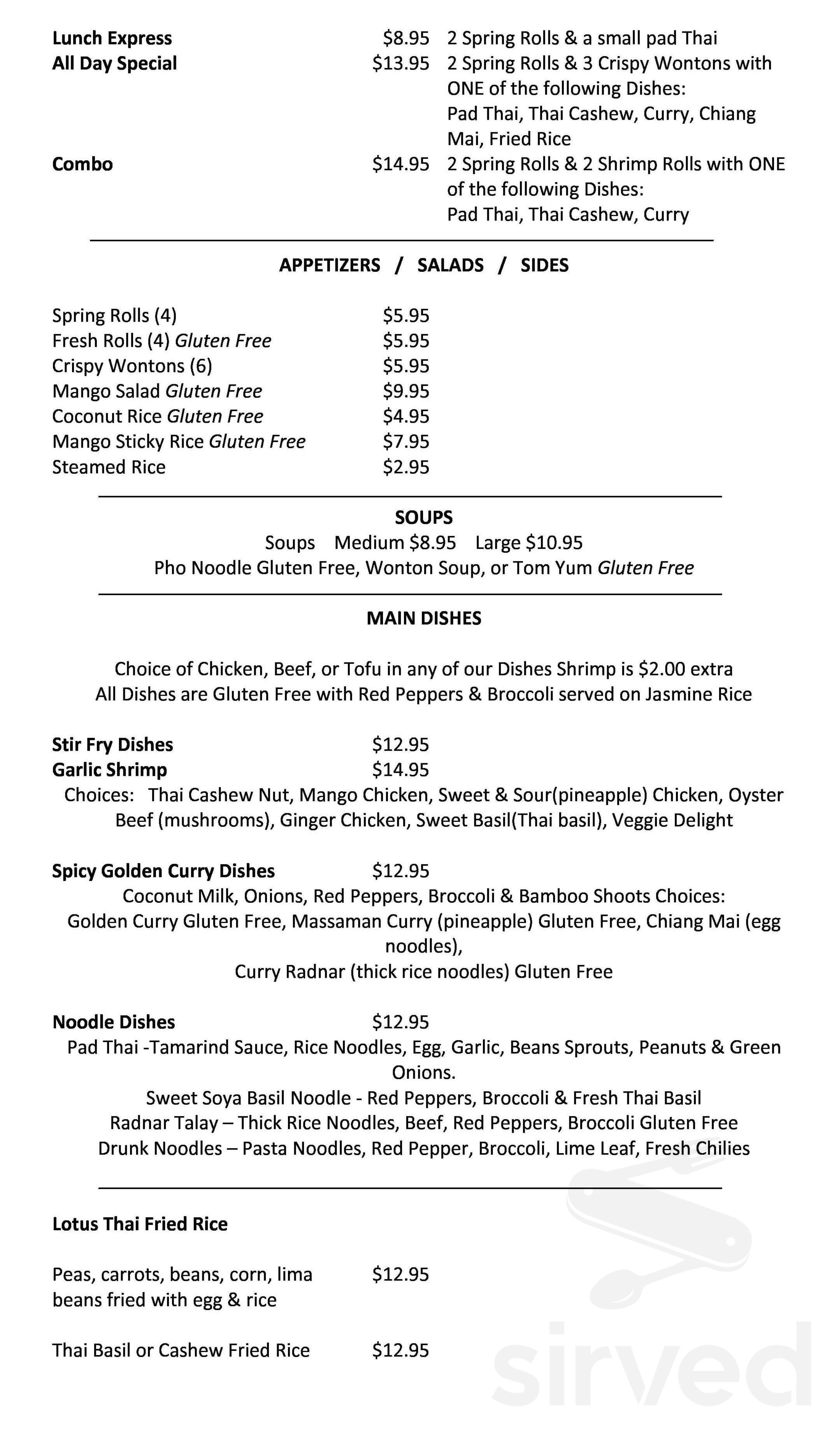 Menu for Lotus Thai Restaurant St Thomas in St Thomas, ON | Sirved