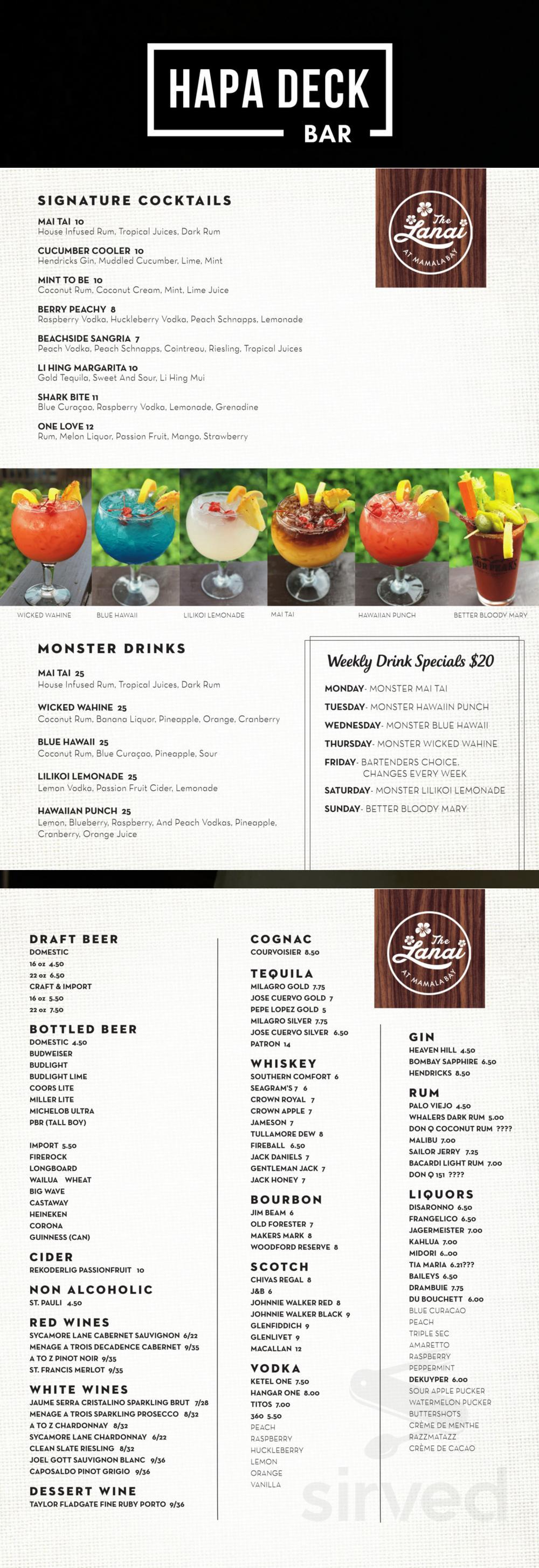 The Lanai At Mamala Bay menu in Honolulu, Hawaii, USA