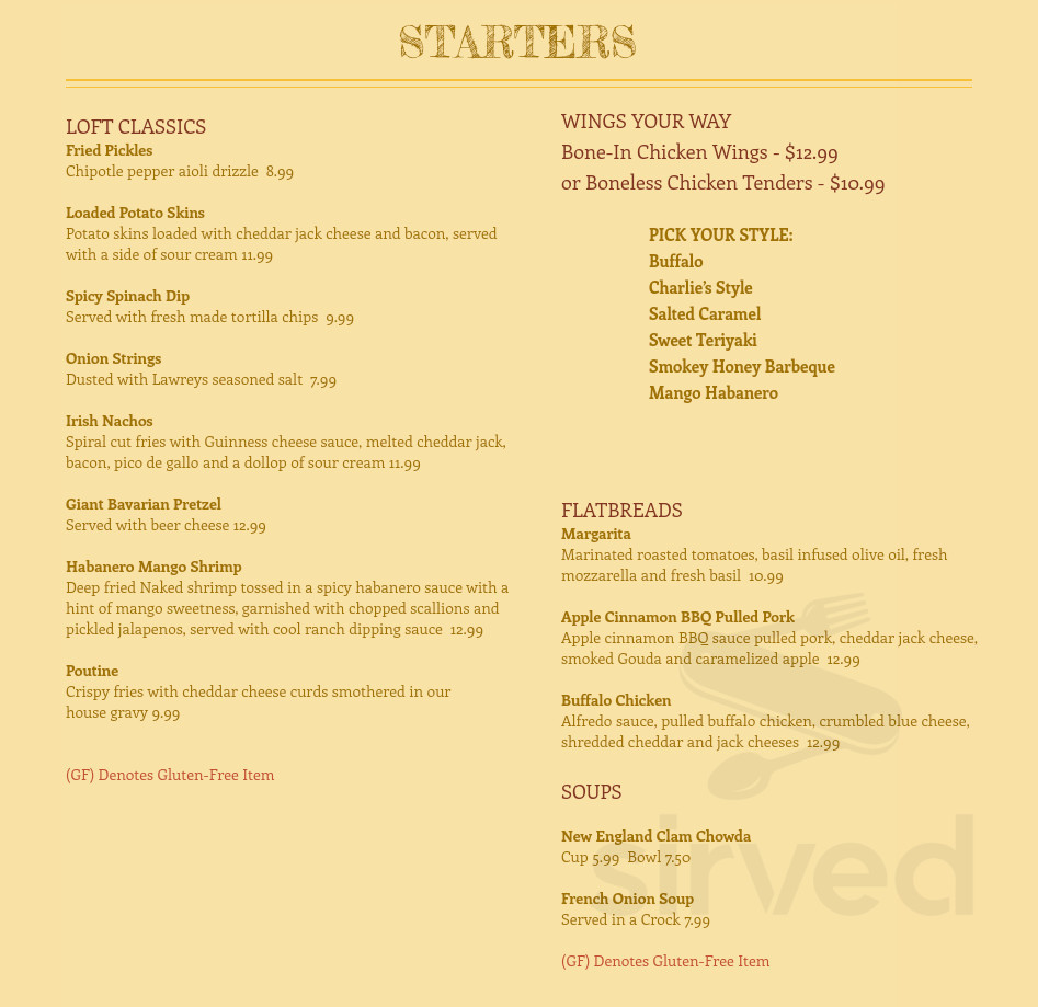 Menu for The Loft Restaurant & Pub in North Andover, MA | Sirved