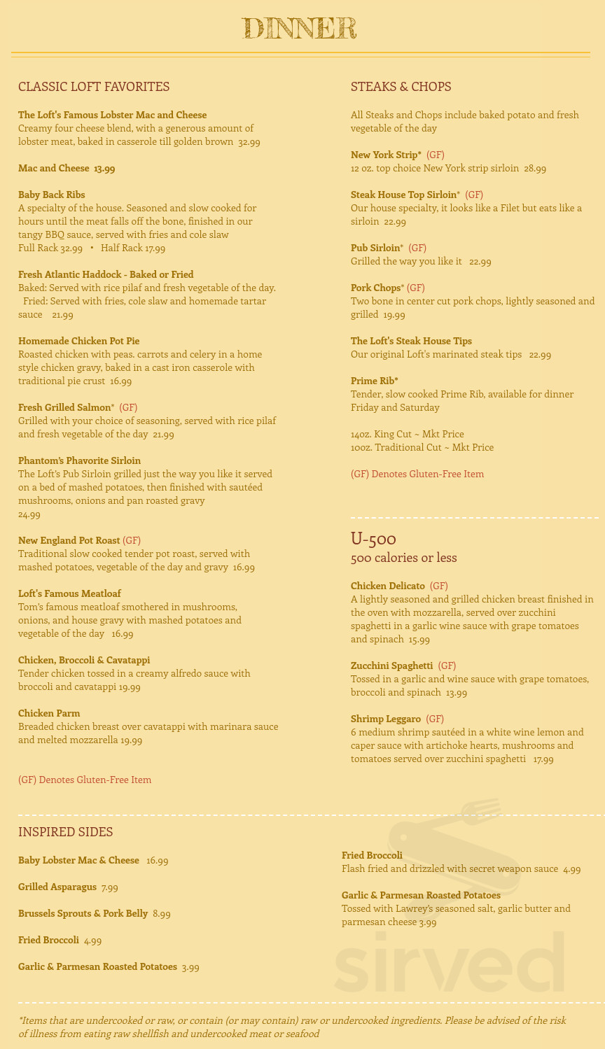 The Loft Restaurant & Pub menu in North Andover, Massachusetts, USA