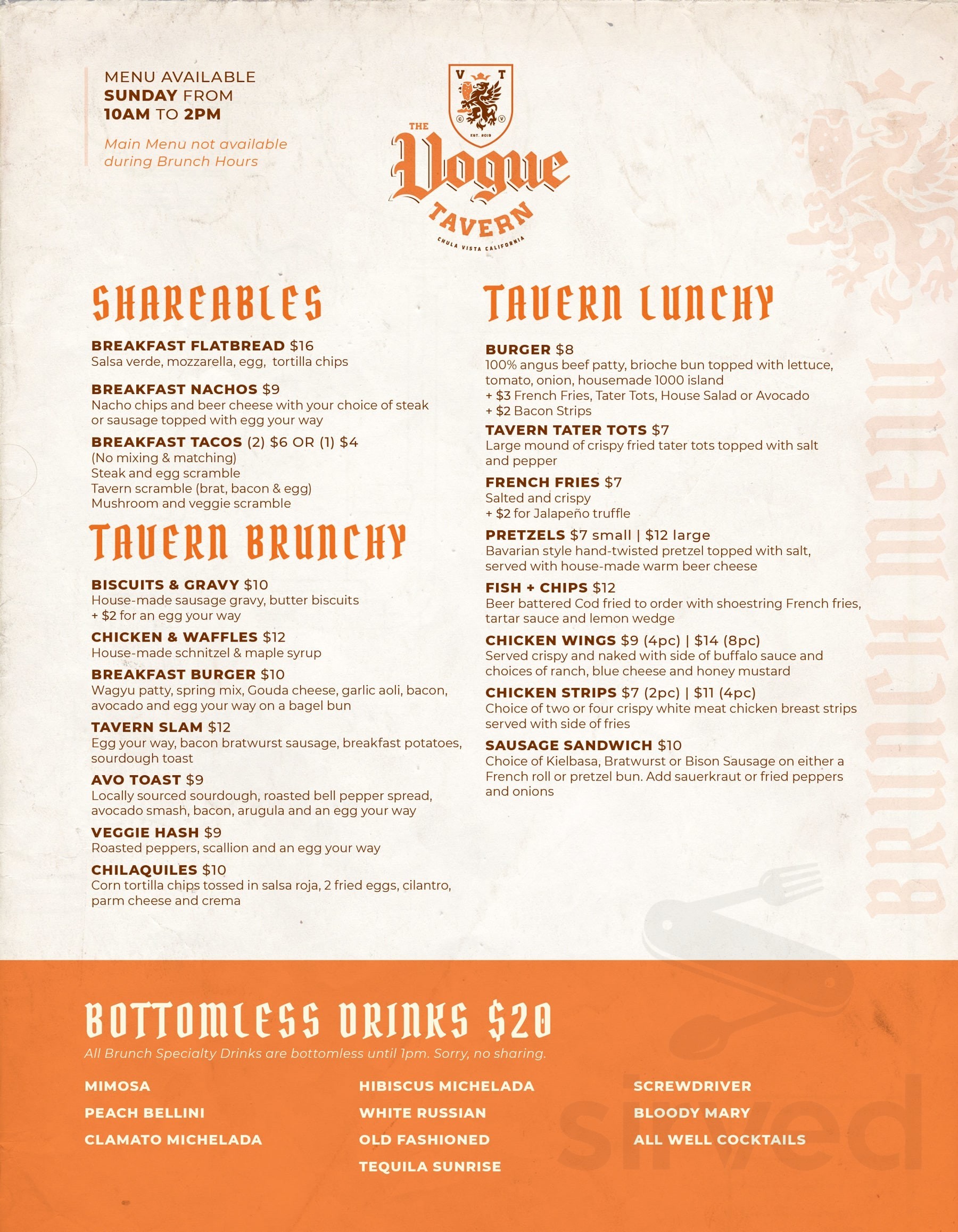 Menu for Vogue Tavern in Chula Vista, California, United States