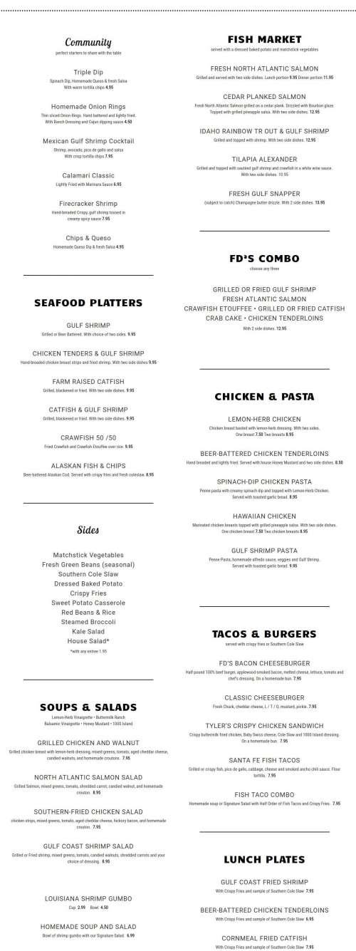 FD's Grill House menu in Pflugerville, Texas, USA