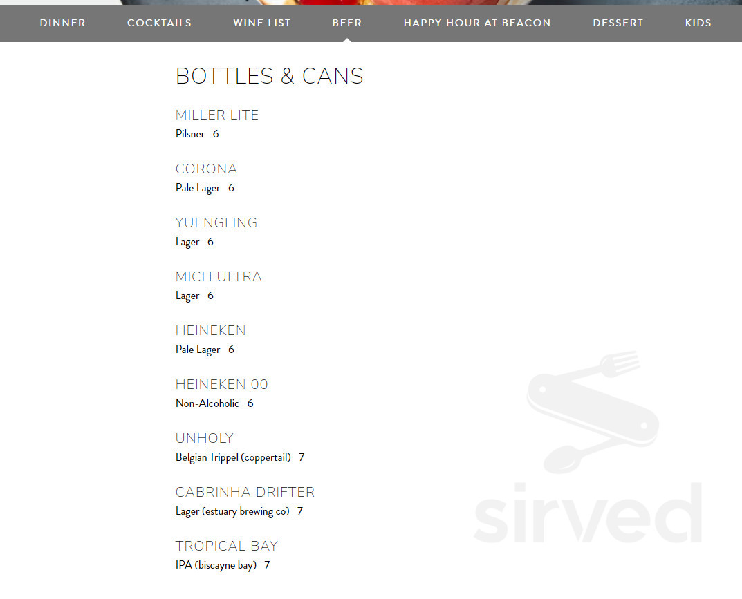 Beacon menu in Jupiter, Florida, USA