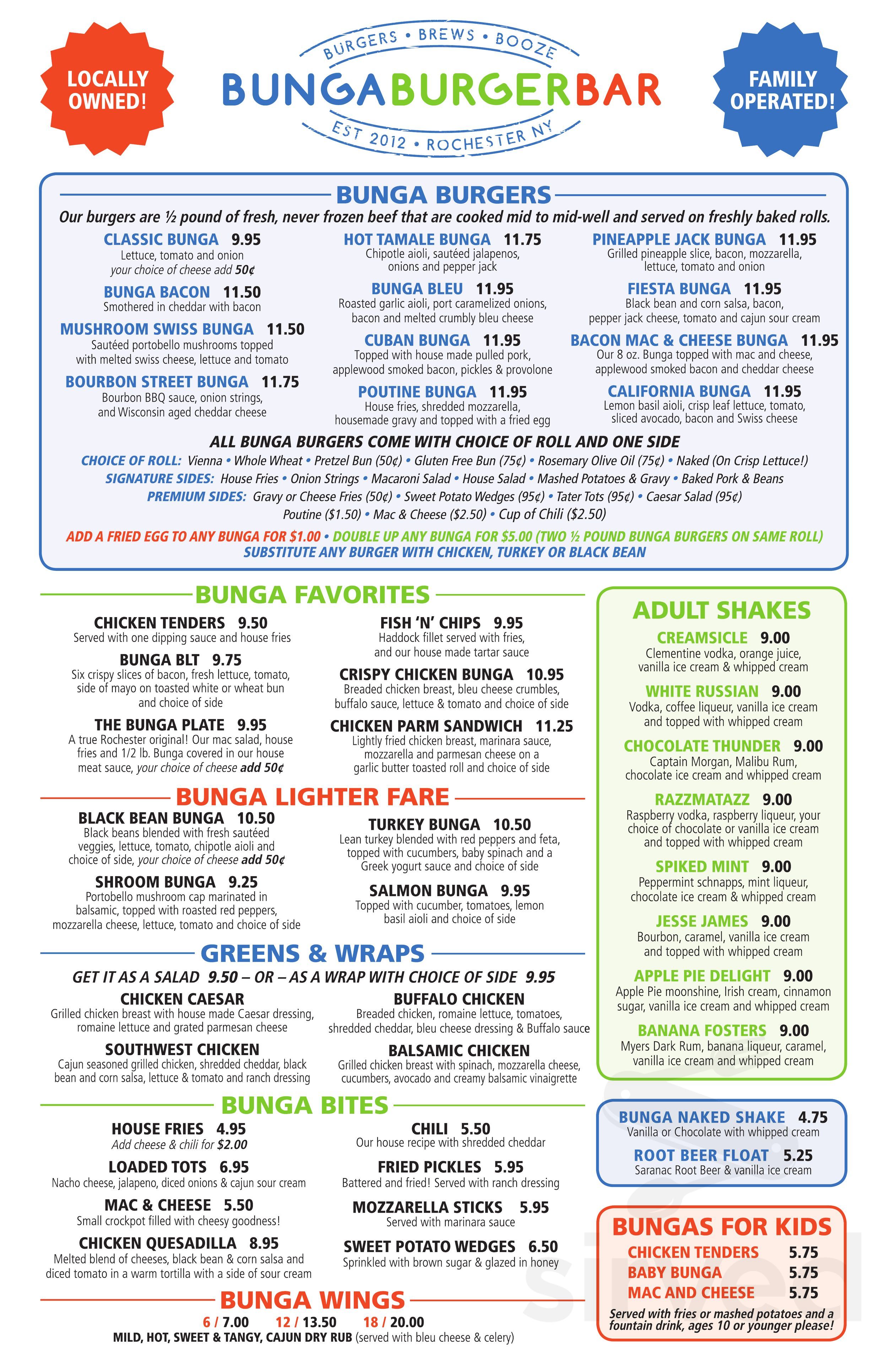Bunga Burger Bar menu in Rochester, New York, USA