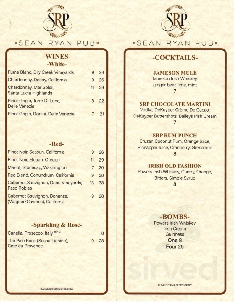 Sean Ryan Pub menu in Vero Beach, Florida, USA