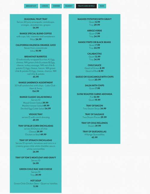 The Range Café menu in Albuquerque, New Mexico, USA