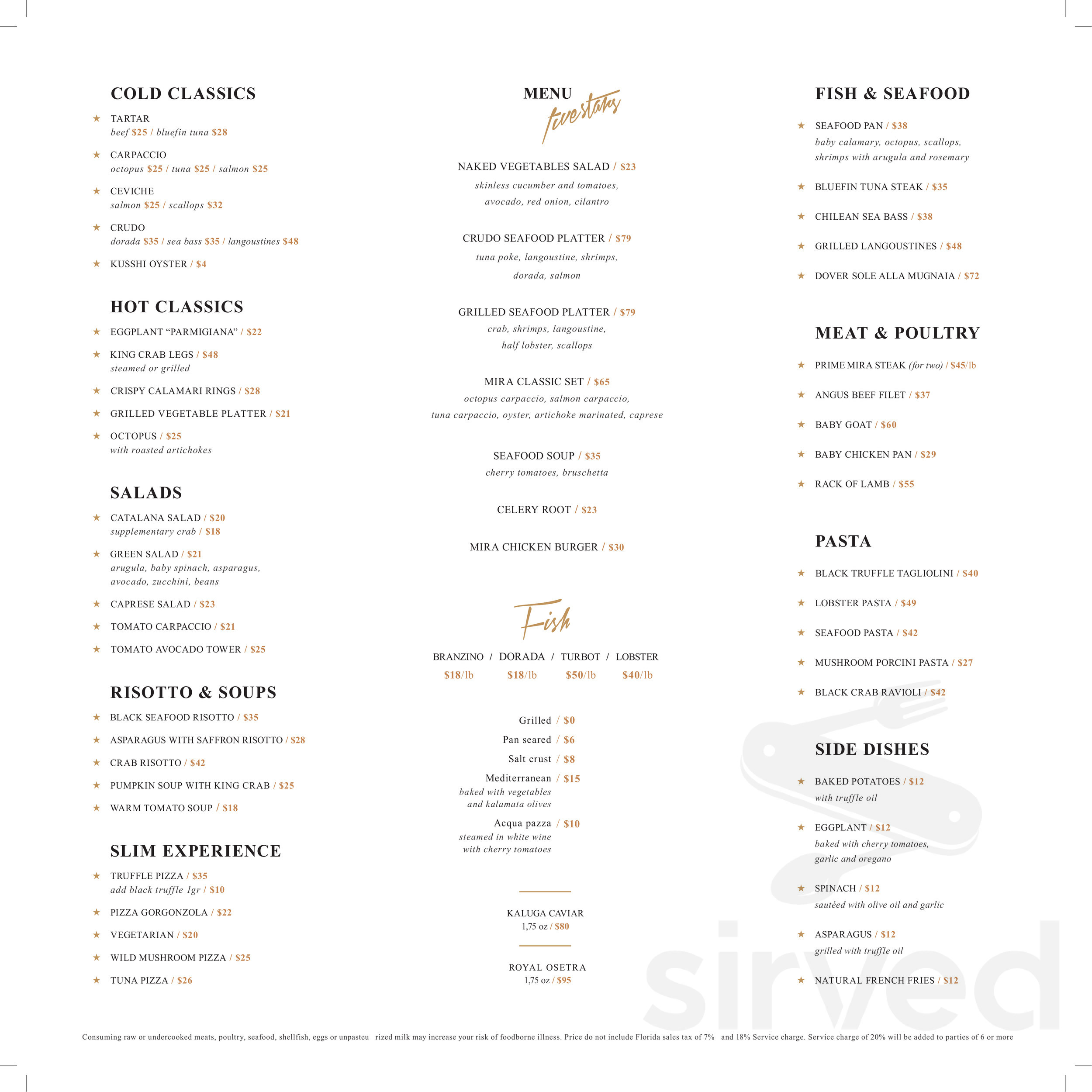Mira Five Stars menu in Miami Beach, Florida, USA