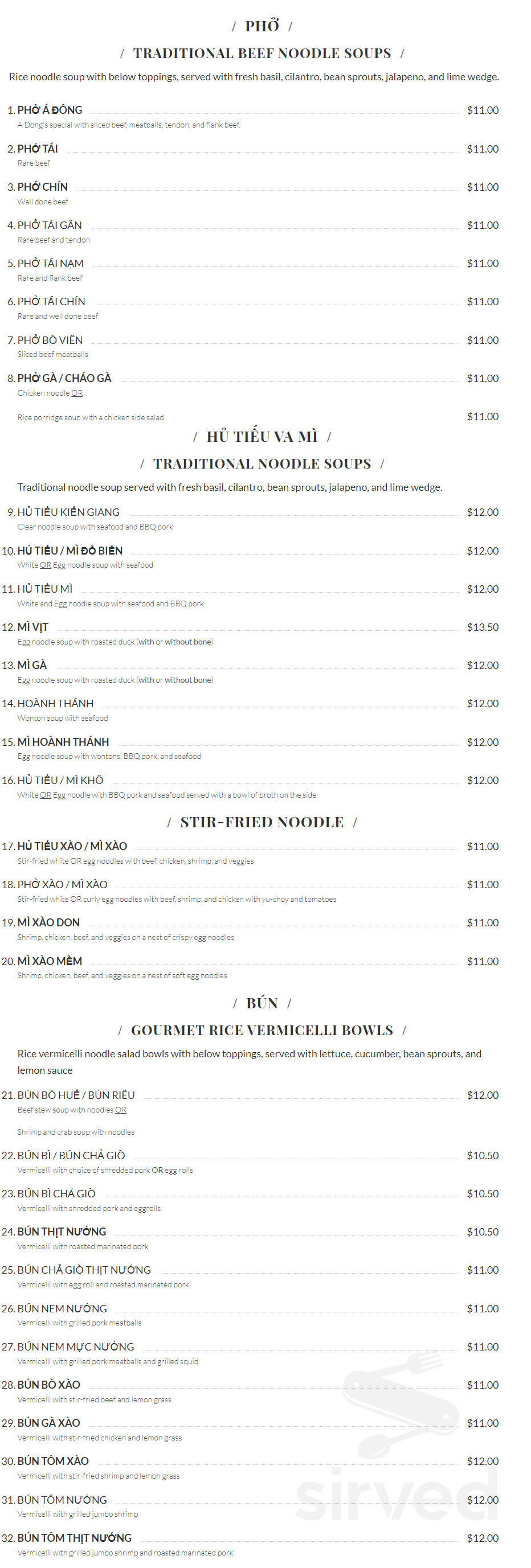 A Dong Restaurant menu in Des Moines, Iowa, USA