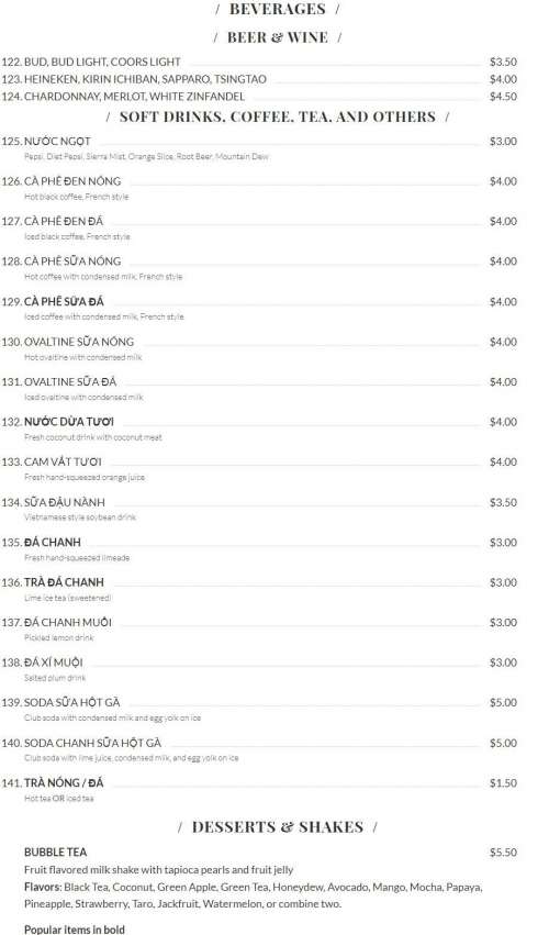 A Dong Restaurant menu in Des Moines, Iowa, USA