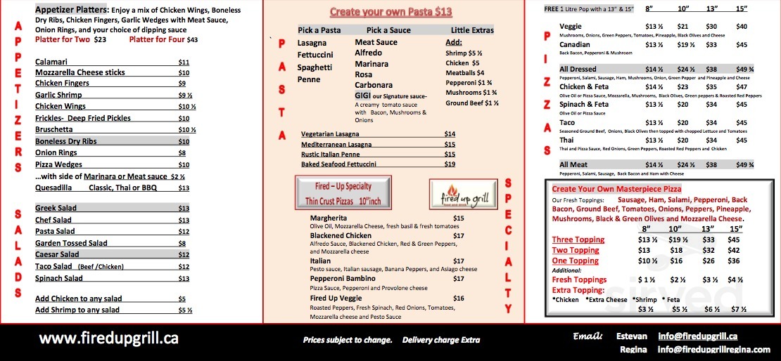 Fired Up Grill menus in Estevan, Saskatchewan, Canada