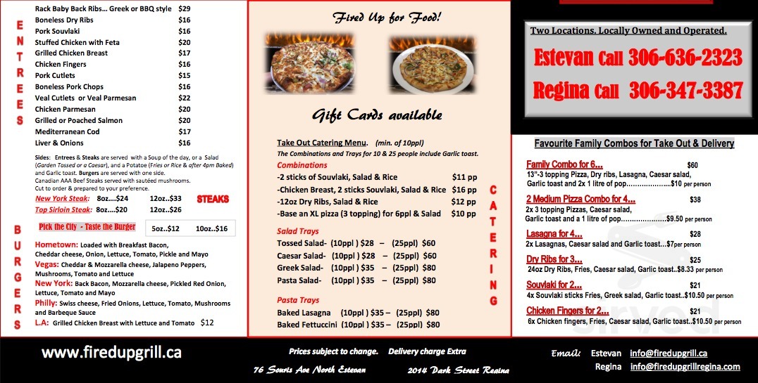 Fired Up Grill menu in Estevan, Saskatchewan, Canada