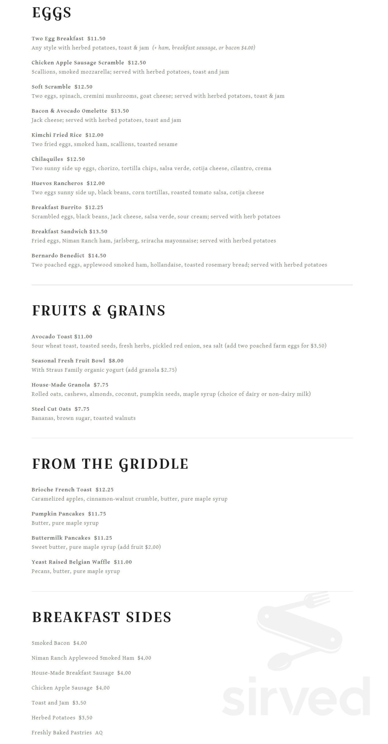 Berkley Bar menu in Sacramento, California, USA