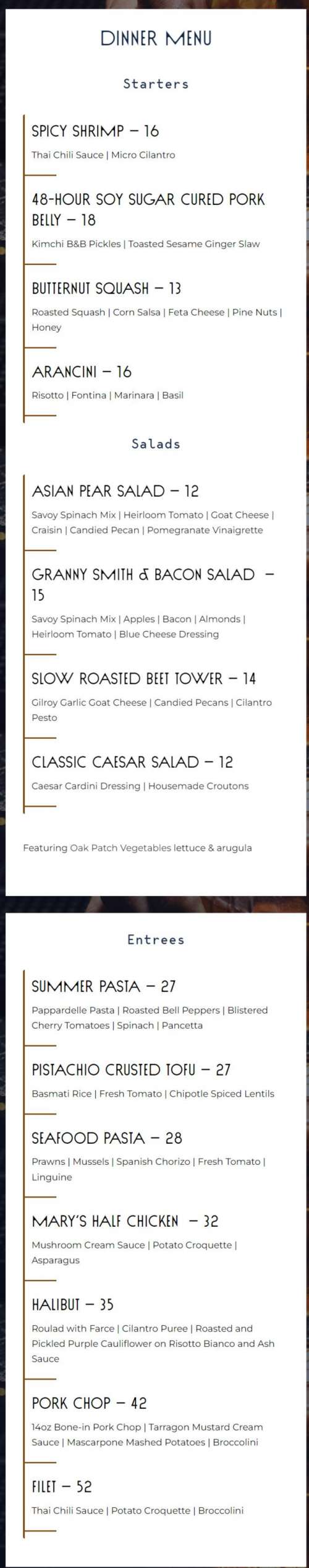 The Elderwood menu in Visalia, California, USA