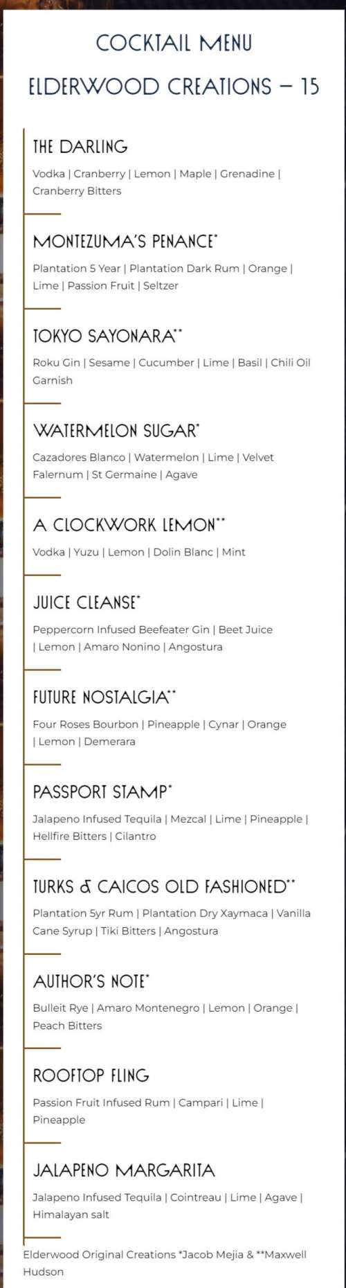 The Elderwood menu in Visalia, California, USA