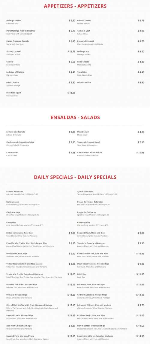 Latin American Restaurant menu in Hialeah, Florida, USA