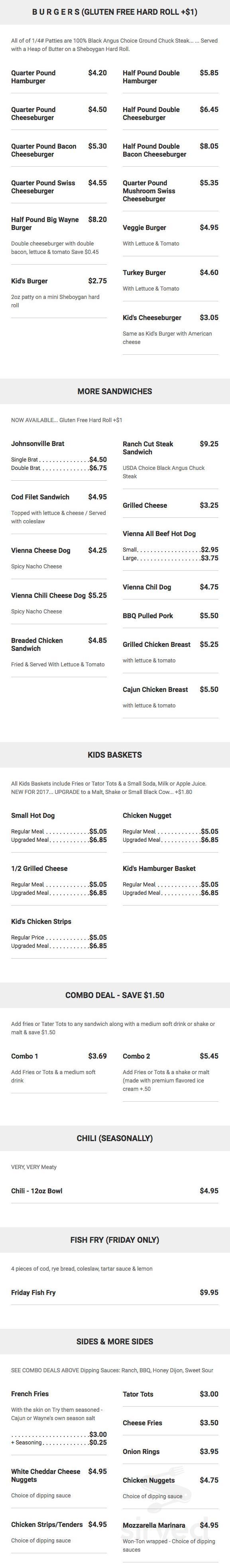 Menu for Wayne's Drive-In in Cedarburg, WI | Sirved